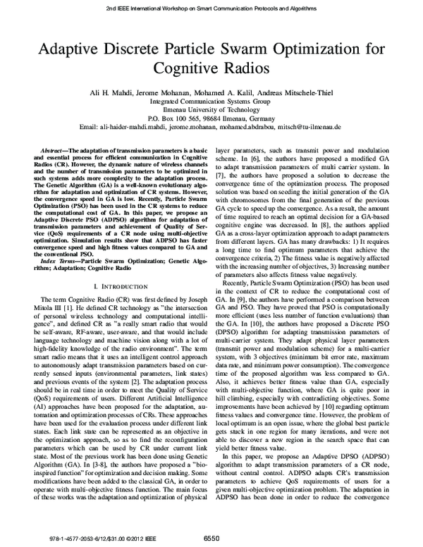Pdf Adaptive Discrete Particle Swarm Optimization For Cognitive Radios
