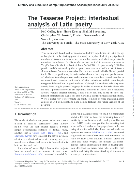 (PDF) The Tesserae Project: Intertextual Analysis of Latin Poetry