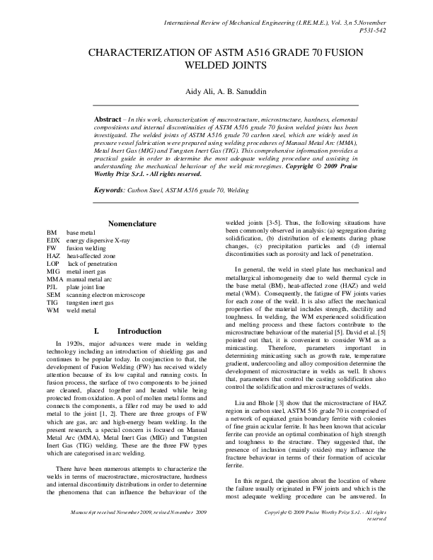 (PDF) Characterization of Astm A 516 Grade 70 Fusion Welded Joints