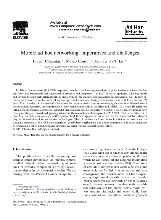 (PDF) Mobile ad hoc networking: imperatives and challenges Imrich ...