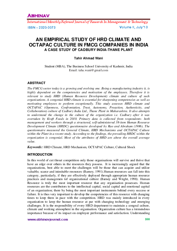 (PDF) HRD CLIMATE AND OCTAPACE CULTURE IN FMCG COMPANIES A Case Study ...