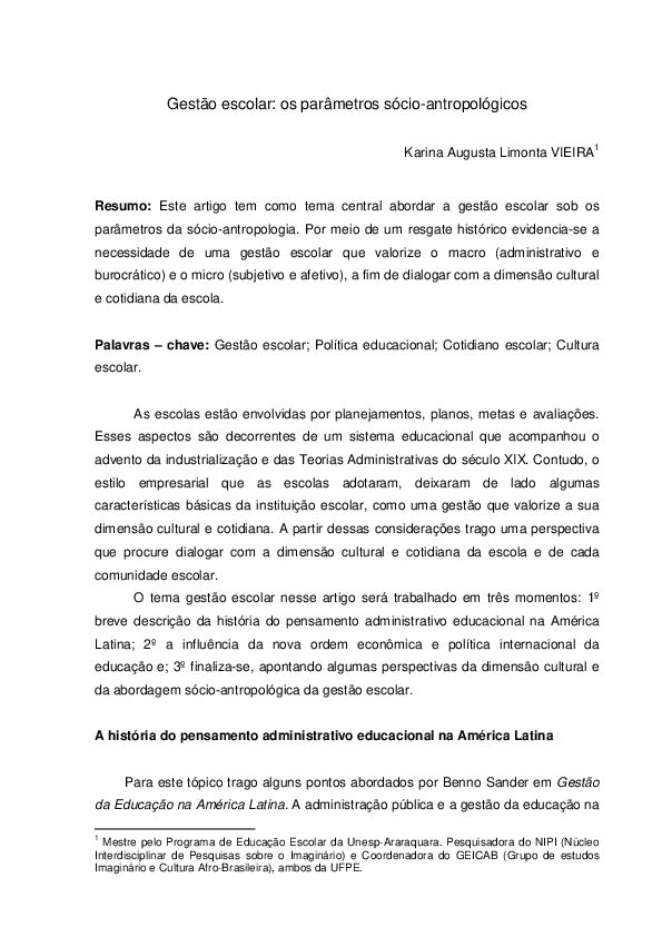 (PDF) Gestao escolar os parametros socio antropologicos