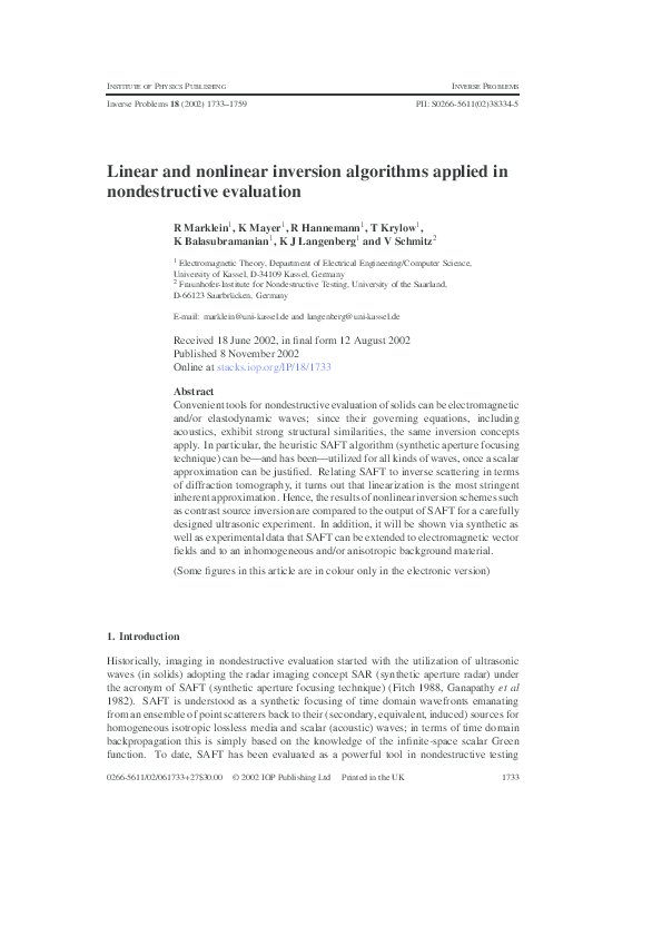 Pdf Linear And Nonlinear Inversion Algorithms Applied In Nondestructive Evaluation