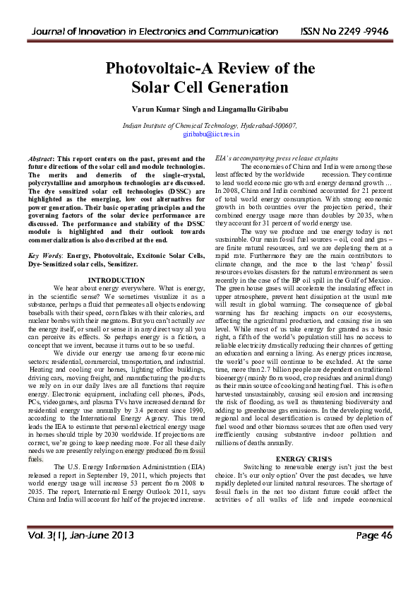 (PDF) Photovoltaic-A Review of the solar cell Generation