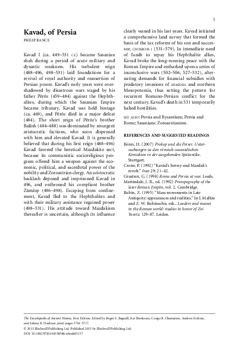 (PDF) 'Kavad I' in R.S. BAGNALL et al. (edd.), The Encyclopedia of ...