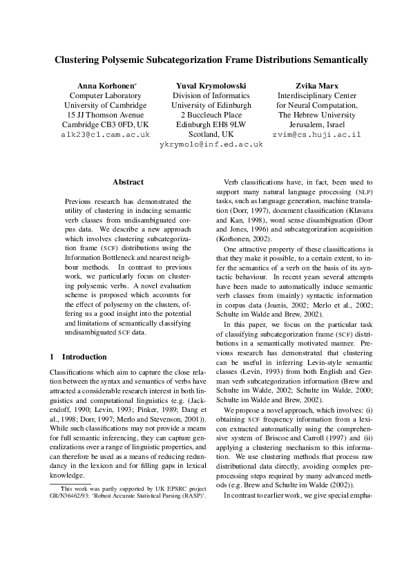 (PDF) Clustering Polysemic Subcategorization Frame Distributions Semantically