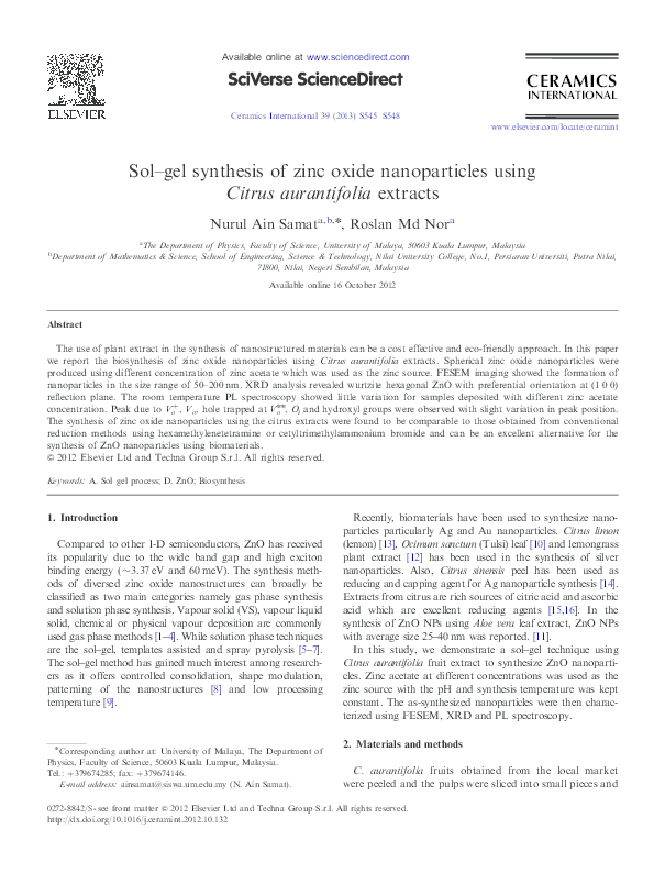 (PDF) Sol-gel synthesis of zinc oxide nanoparticles using Citrus aurantifolia extracts