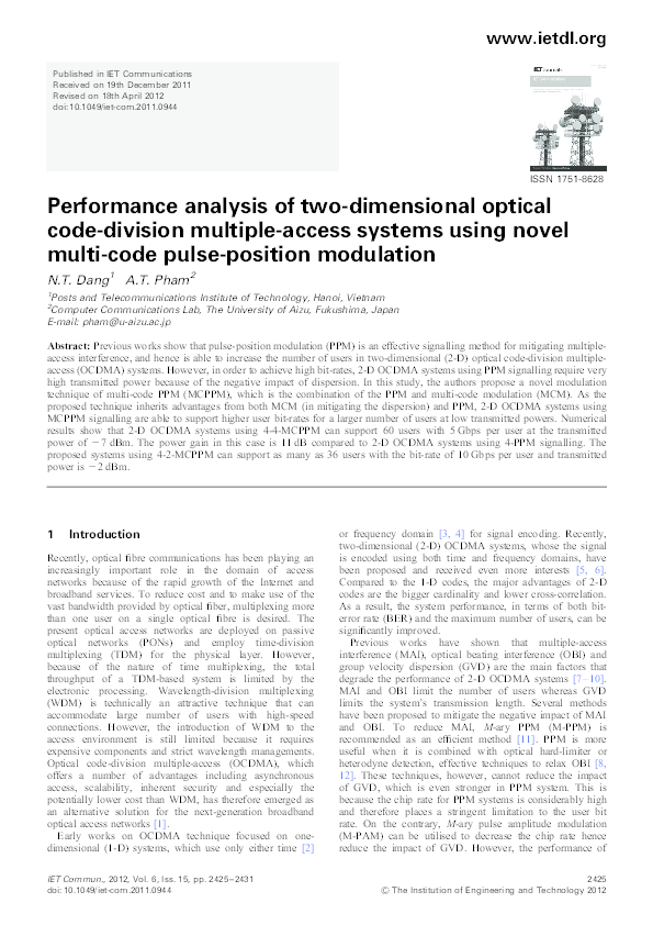 Pdf Performance Analysis Of Two Dimensional Optical Code Division Multiple Access Systems