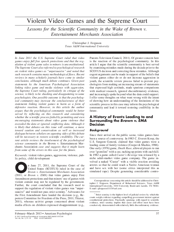 (PDF) Violent Video Games and the Supreme Court Lessons for the ...