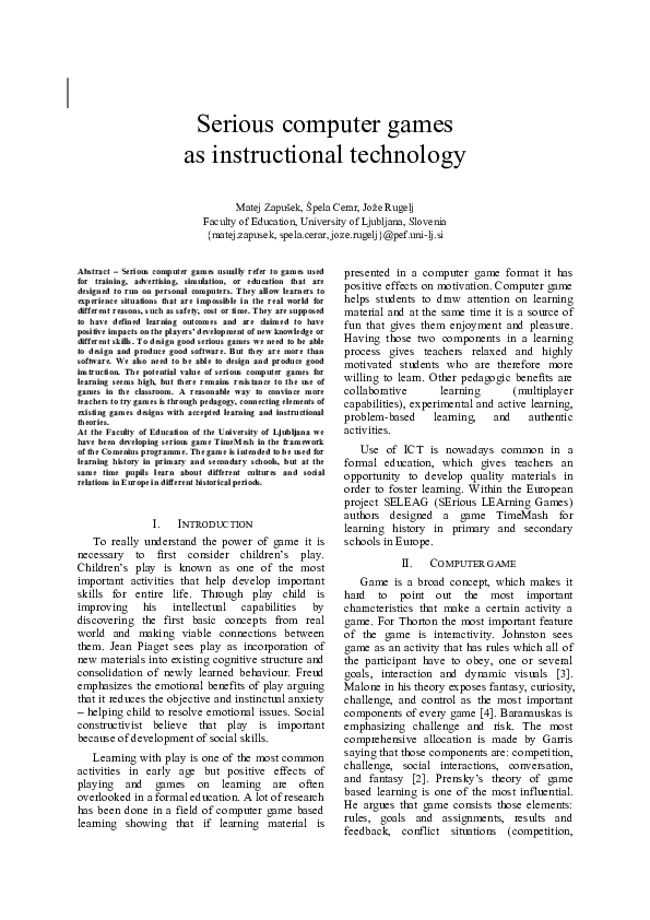 Pdf Serious Computer Games As Instructional Technology