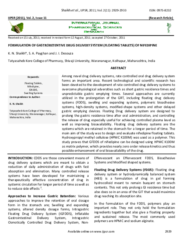 Pdf Formulation Of Gastroretentive Drug Delivery System Floating Tablets Of Nifedipine