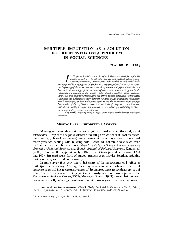 Pdf Multiple Imputation As A Solution To The Missing Data Problem In