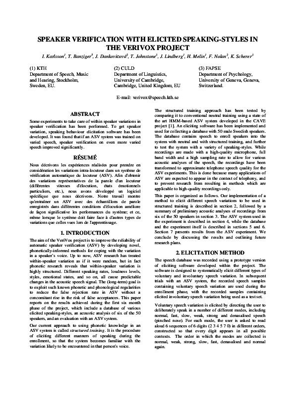 (PDF) Speaker verification with elicited speaking styles in the VeriVox project