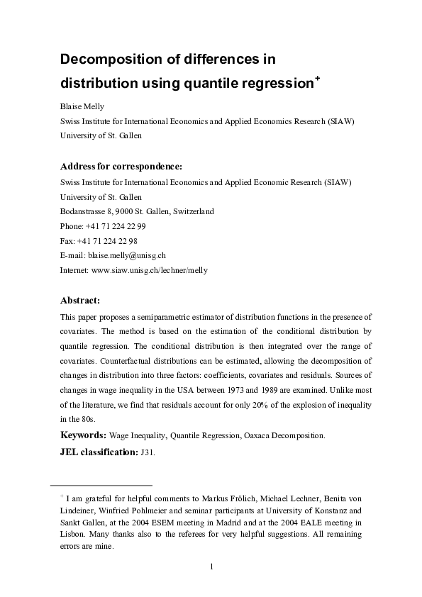 (PDF) Decomposition of Differences In Distribution Using Quantile Regression