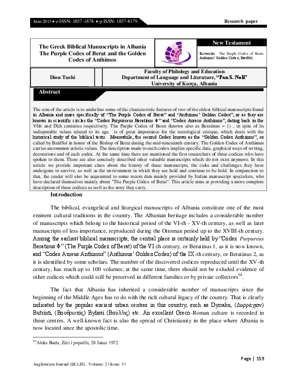 (PDF) The Greek Biblical Manuscripts in Albania: The Purple Codex of ...