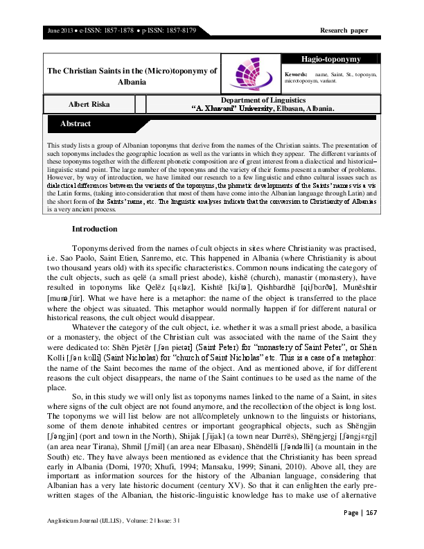 (PDF) The Christian Saints in the (Micro)toponymy of Albania