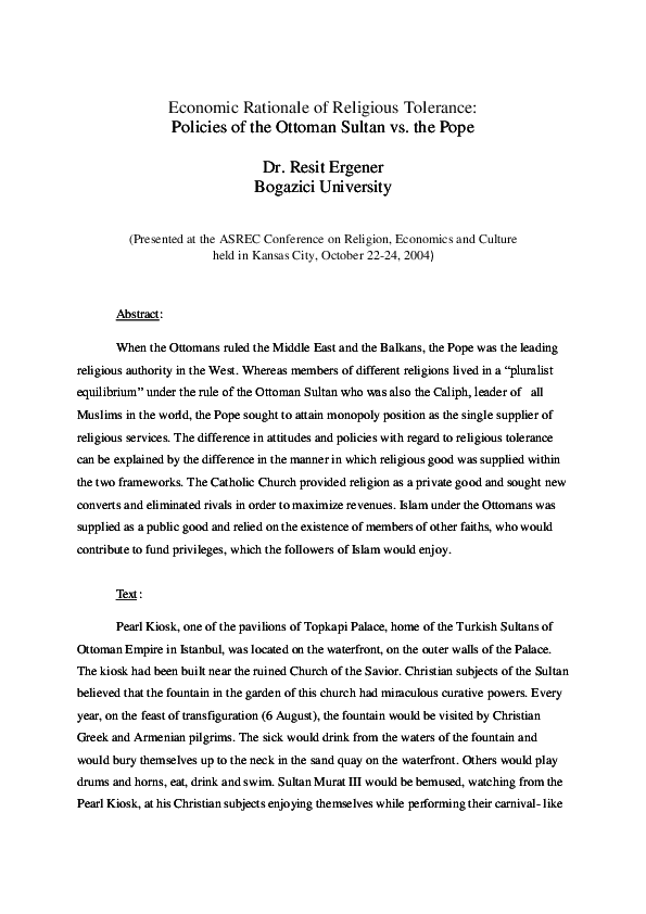 (PDF) Economic Rationale of Religious Tolerance: Policies of the ...