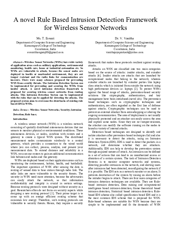 Pdf A Rule Based Ids For Wireless Sensor Networks