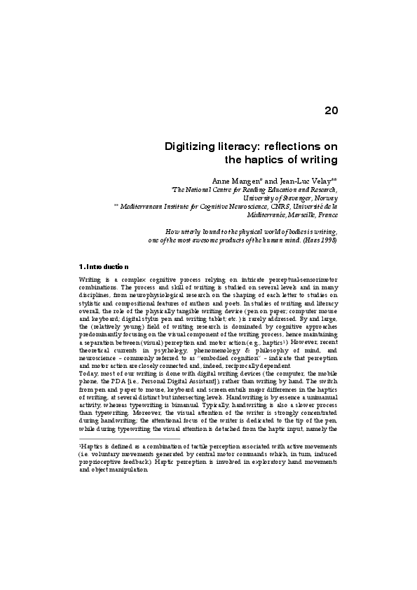(PDF) Mangen, A. & Velay, J.-L. (2010). Digitizing literacy: reflections on the haptics of writing