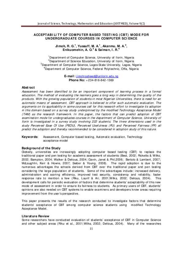 (PDF) Acceptability of Computer Based Testing CBT Mode for ...