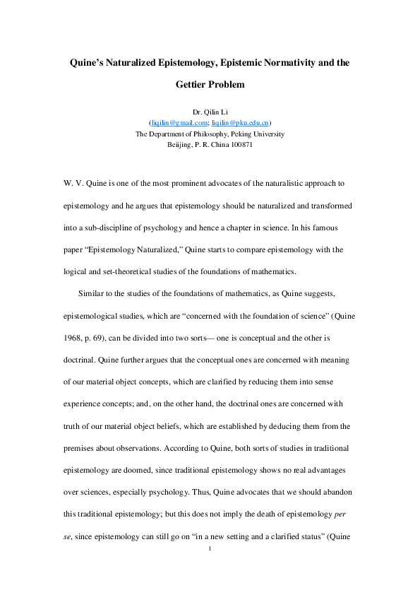 (PDF) Quine's Naturalized Epistemology Epistemic Normativity and the ...