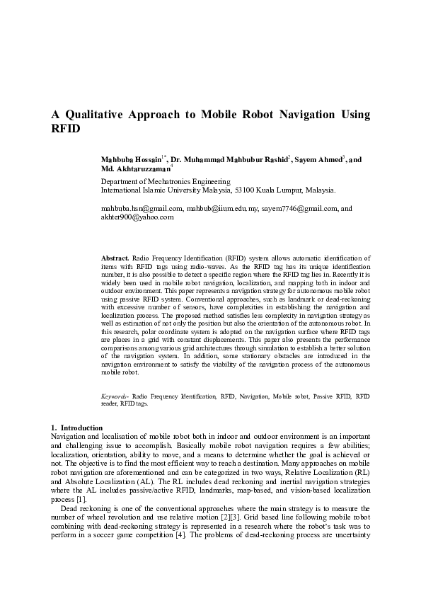 Pdf A Qualitative Approach To Mobile Robot Navigation Using Rfid