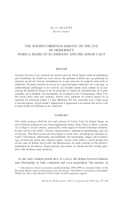 (PDF) The Jewish-Christan Debate on the Eve of Modernity