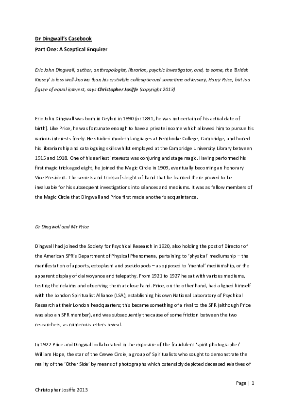 (DOC) Dr Dingwall's Casebook. Part One: A Sceptical Enquirer