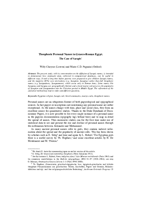 Theophoric Personal Names in Graeco-Roman Egypt. The Case of Sarapis