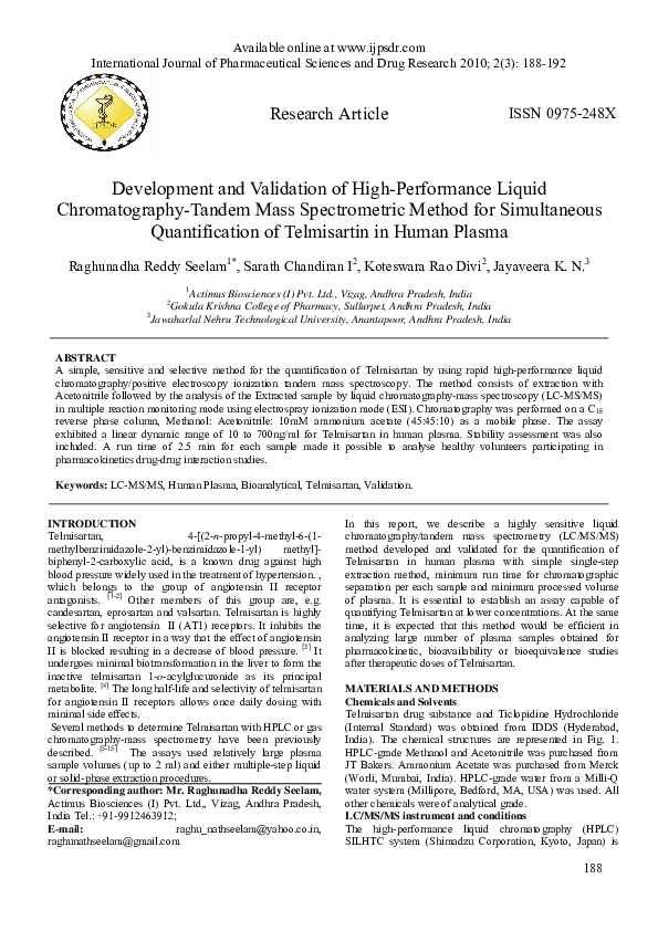 Pdf Development And Validation Of High Performance Liquid Chromatography Tandem Mass