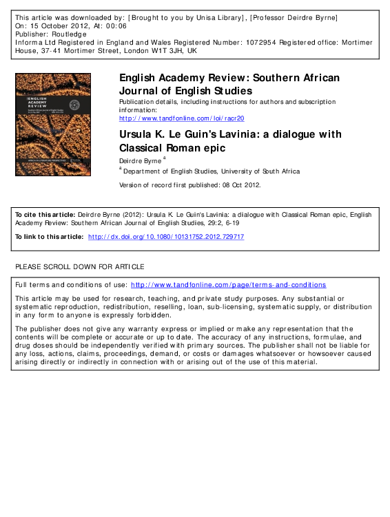 (PDF) Ursula K. Le Guin's Lavinia: A dialogue with classical Roman epic