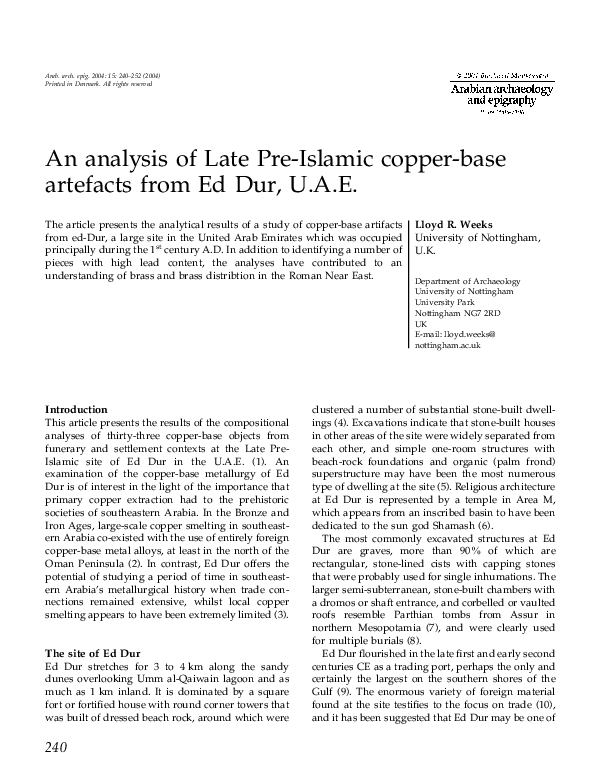 (PDF) An Analysis of Late Pre-Islamic Copper-base Artefacts from Ed Dur UAE