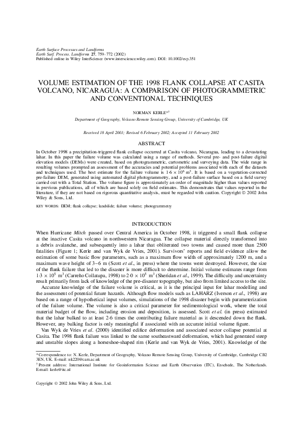 (PDF) VOLUME ESTIMATION OF THE 1998 FLANK COLLAPSE AT CASITA VOLCANO ...