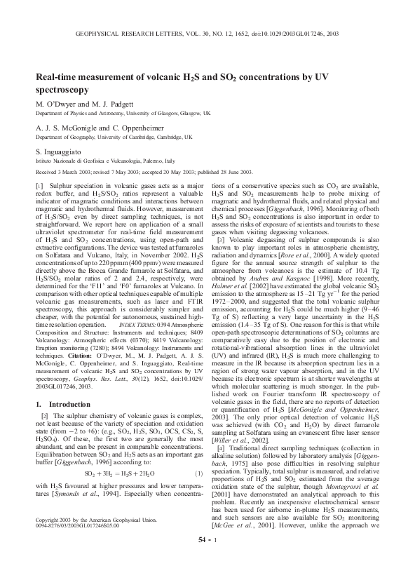 (PDF) Real-time measurement of volcanic H2S and SO2 concentrations by UV spectroscopy
