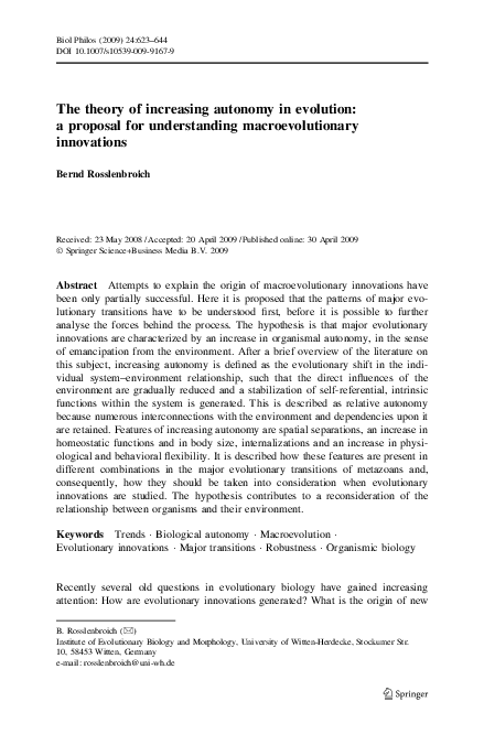 The theory of increasing autonomy in evolution: a proposal for ...
