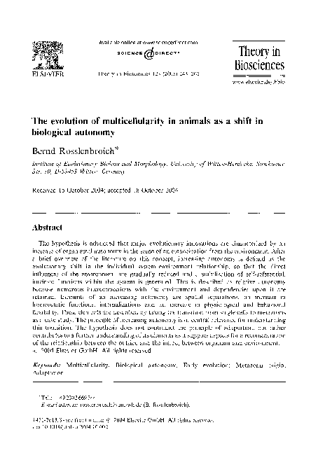 The evolution of multicellularity in animals as a shift in biological ...