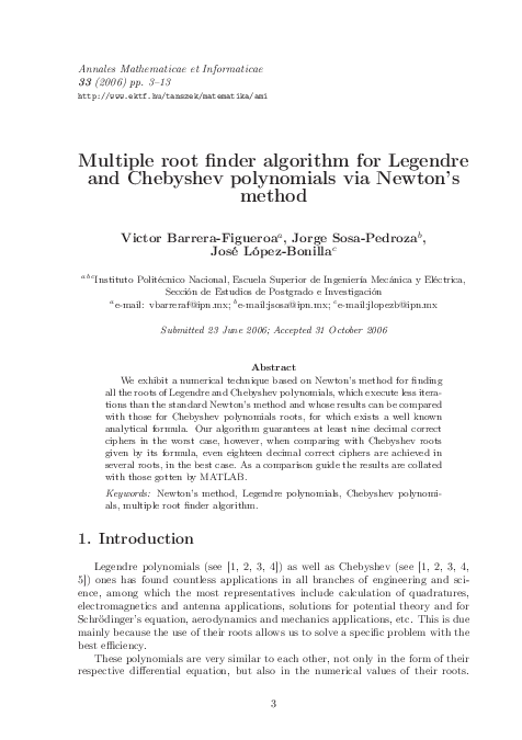 Pdf Multiple Root Finder Algorithm For Legendre And Chebyshev Polynomials Via Newtons Method