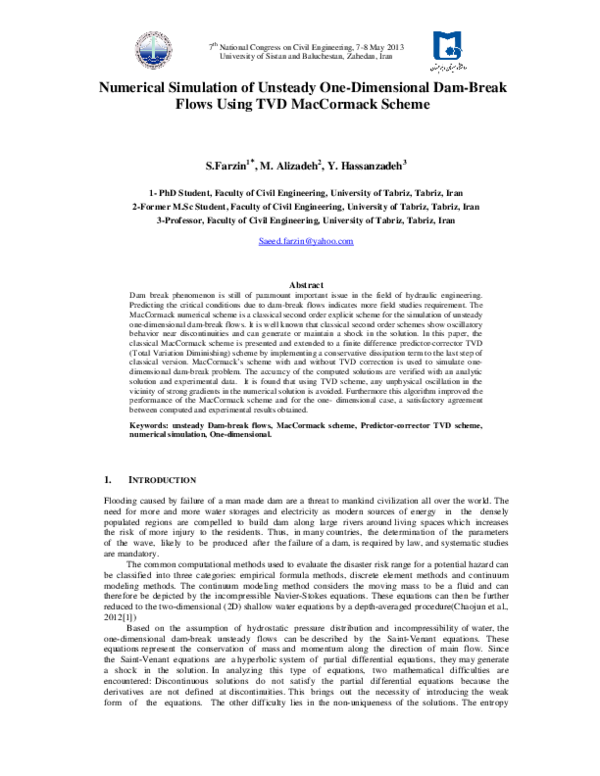 Pdf Numerical Simulation Of Unsteady One Dimensional Dam Break Flows Using Tvd Maccormack Scheme