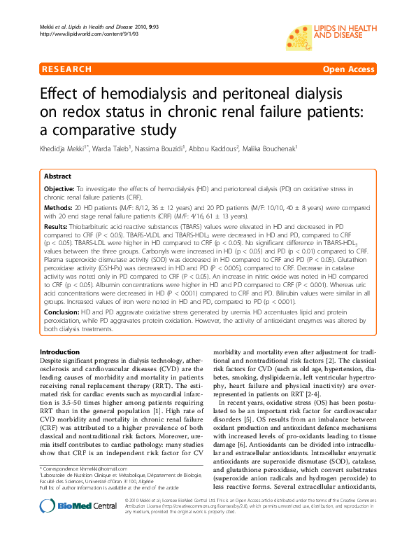 (PDF) Effect of hemodialysis and peritoneal dialysis on redox status in ...