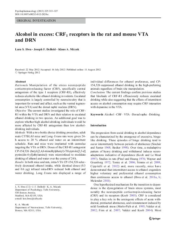 (PDF) Alcohol in excess: CRF 1 receptors in the rat and mouse VTA and DRN