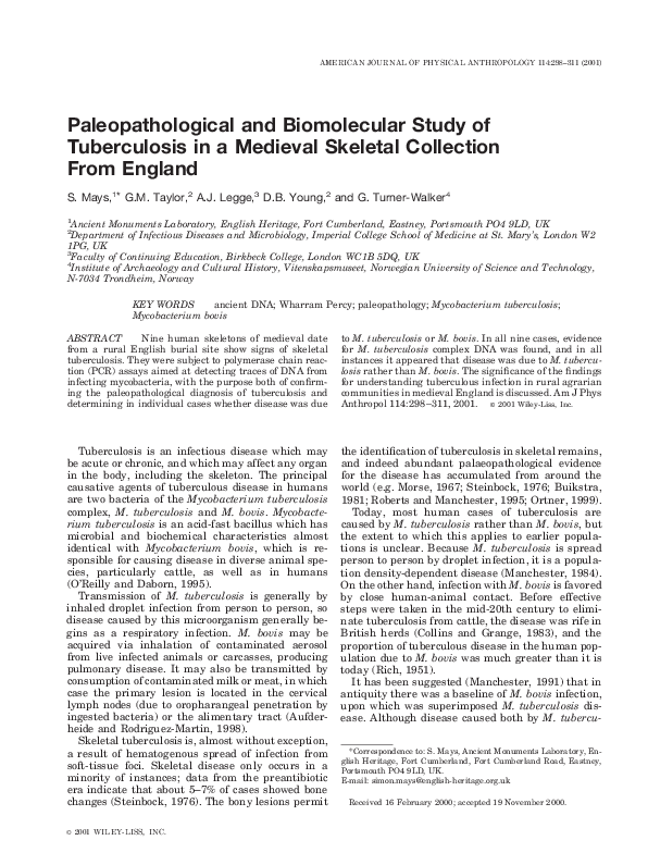 (PDF) Palaeopathological and biomolecular study of tuberculosis in a ...