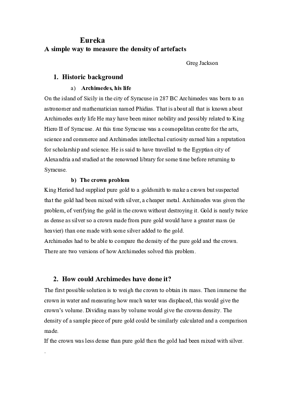 (DOC) Eureka Measuring the Density of Artefacts