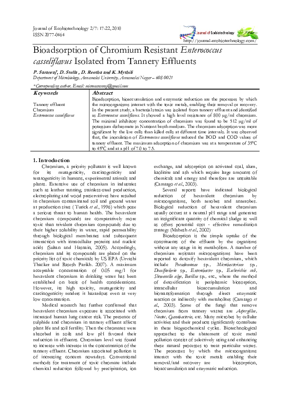 (PDF) Bioadsorption of Chromium Resistant Enterococcus casseliflavus Isolated from Tannery Effluents