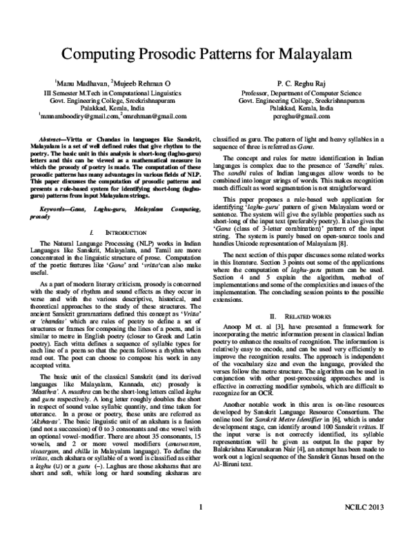(PDF) Computing Prosodic Patterns for Malayalam