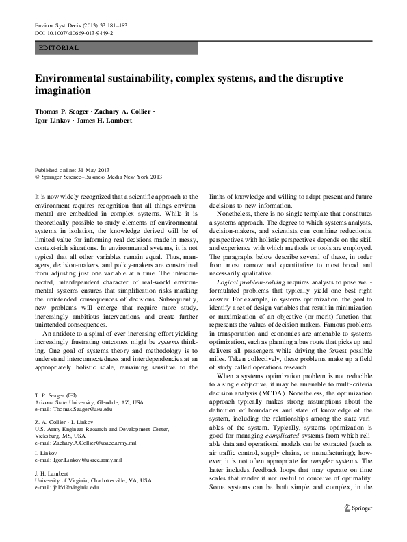 (PDF) Environmental sustainability, complex systems, and the disruptive ...