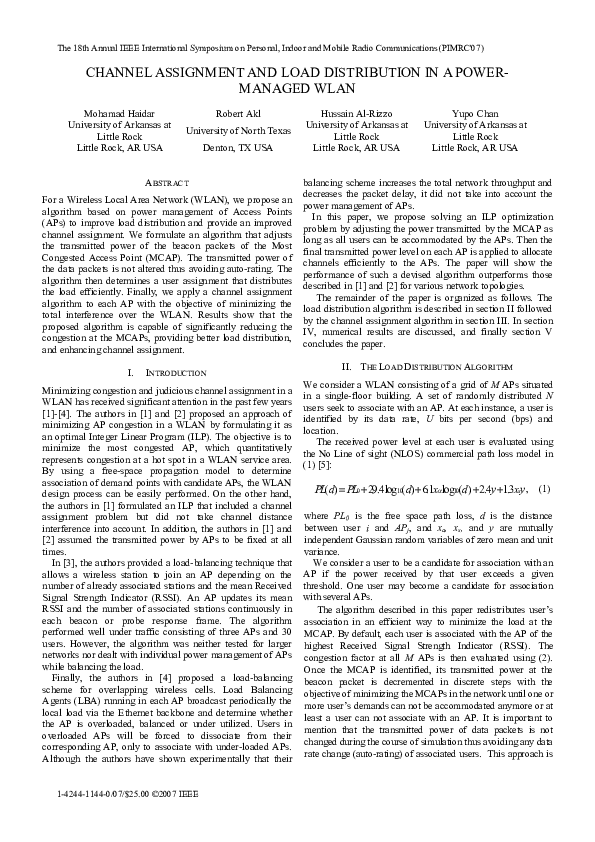 (PDF) Channel Assignment and Load Distribution in a Power-Managed Wlan