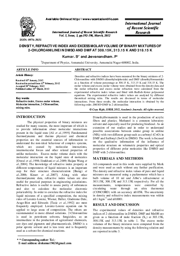 Pdf Density Refractive Index And Excess Molar Volume Of Binary