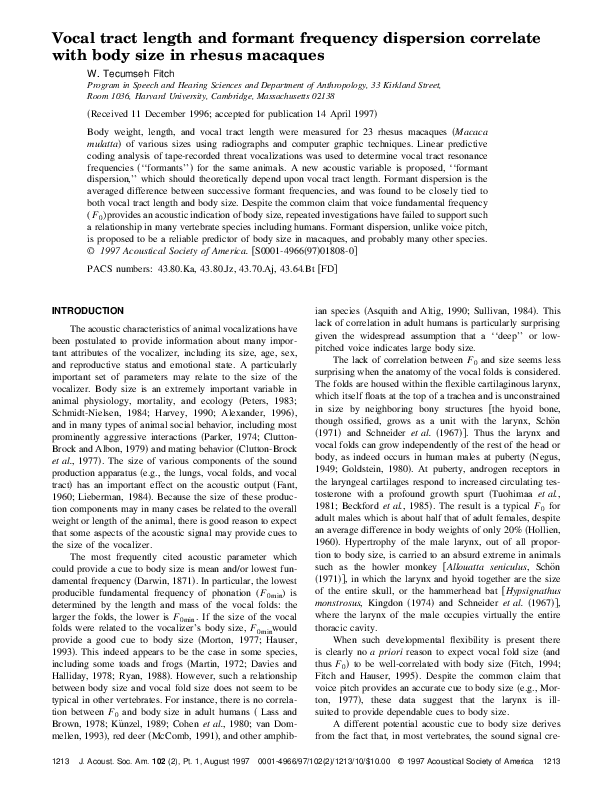 (PDF) Vocal tract length and formant frequency dispersion correlate ...