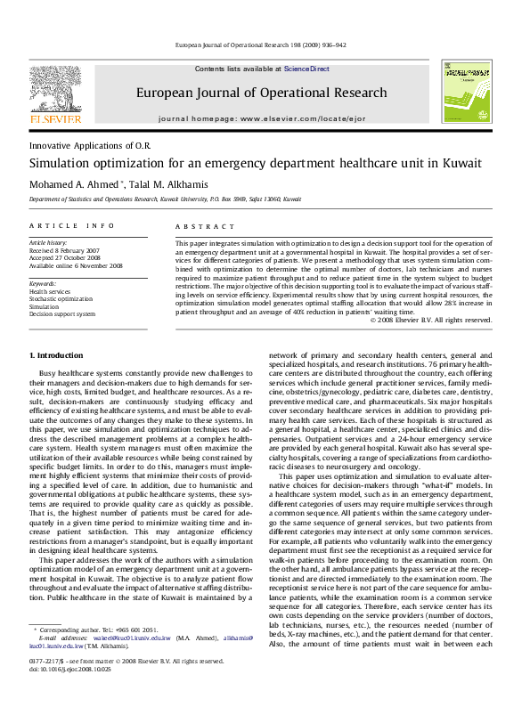 (PDF) Simulation optimization for an emergency department healthcare ...
