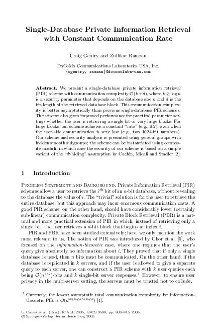 (PDF) Single-Database Private Information Retrieval with Constant Communication Rate